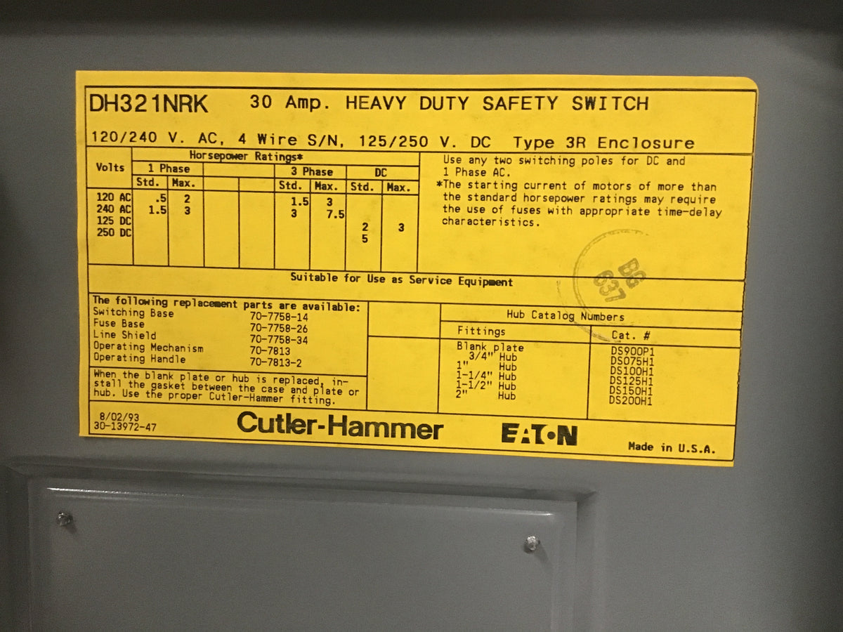 Safety Switch Cutler Hammer DH321NRK 30 Amp 250 Volts – AA Electric Surplus